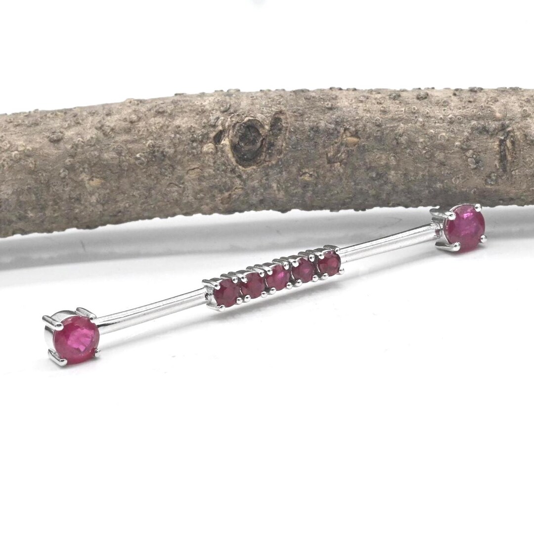 Ruby White Gold Inudtrial Straight Barbell, Natural Ruby Flat Barbell ...