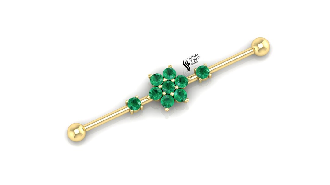 Round Emerald Solid Gold Industrial Straight Barbell / Diamond ...