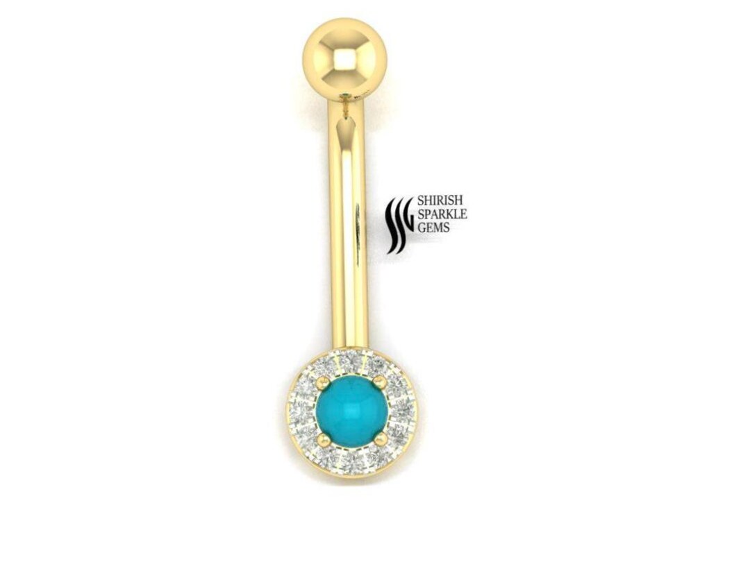 14K Gold Blue Turquoise Belly Button Ring, Diamond Navel Piercing ...