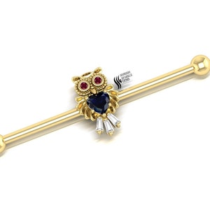 14k Industrial Piercing Post Blue Sapphire Bird Straight Barbell Owl ...