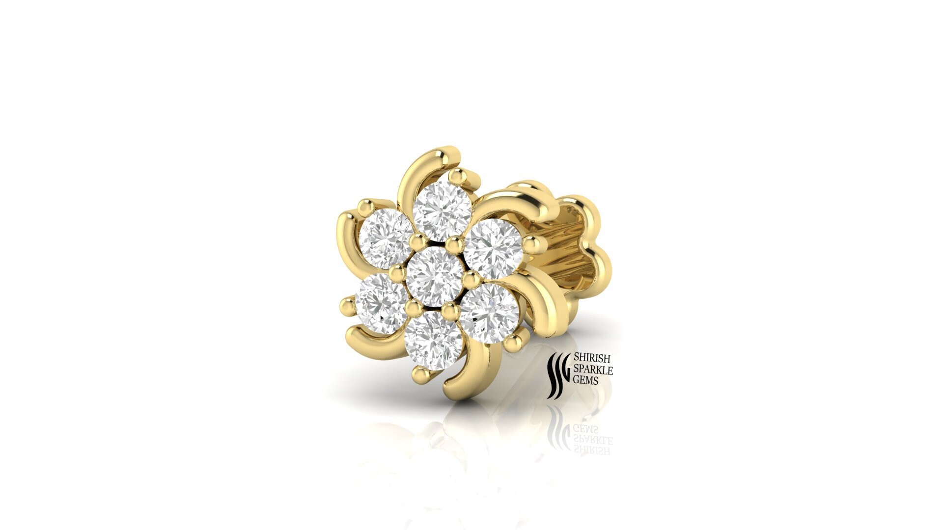 7 Diamond Flower Labret Stud, 18k Solid Gold Floral Cluster Stud, Nose ...
