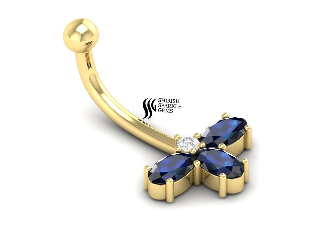 Blue Sapphire Belly Button Ring Gold Diamond Belly Button Navel ...