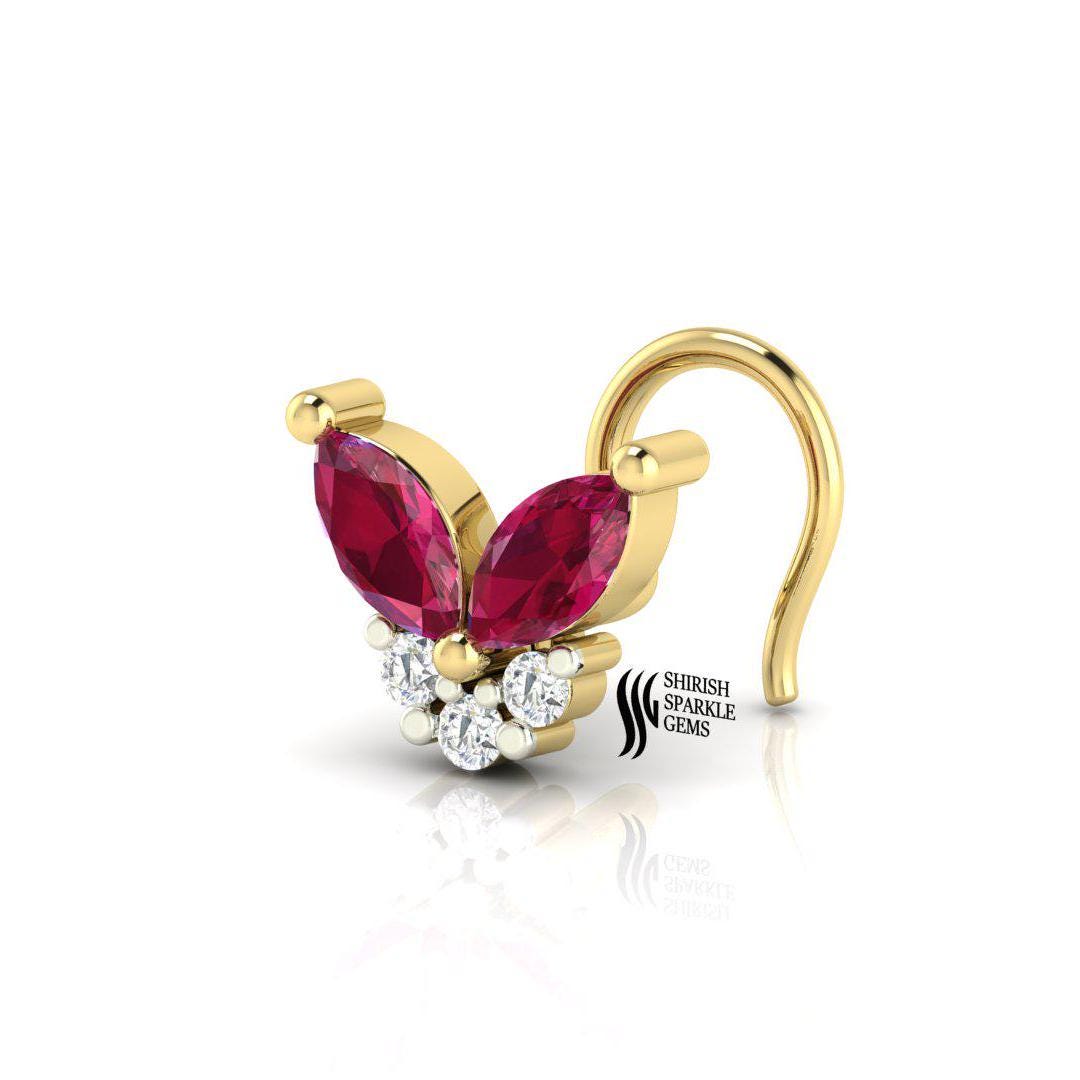 14k Natural Ruby Diamond C Wire Nose Pin / Ruby Diamond L Wire Nose Ear ...