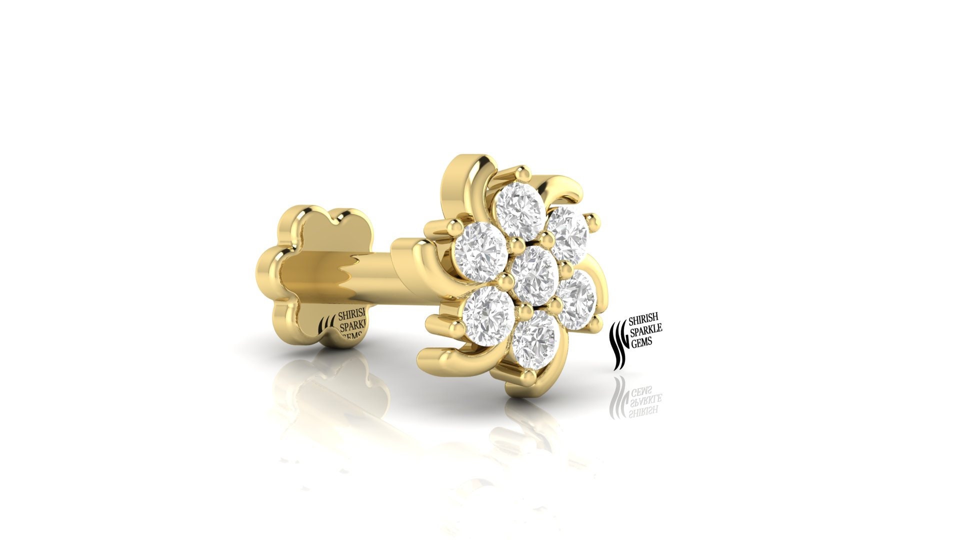 7 Diamond Flower Labret Stud, 18k Solid Gold Floral Cluster Stud, Nose ...
