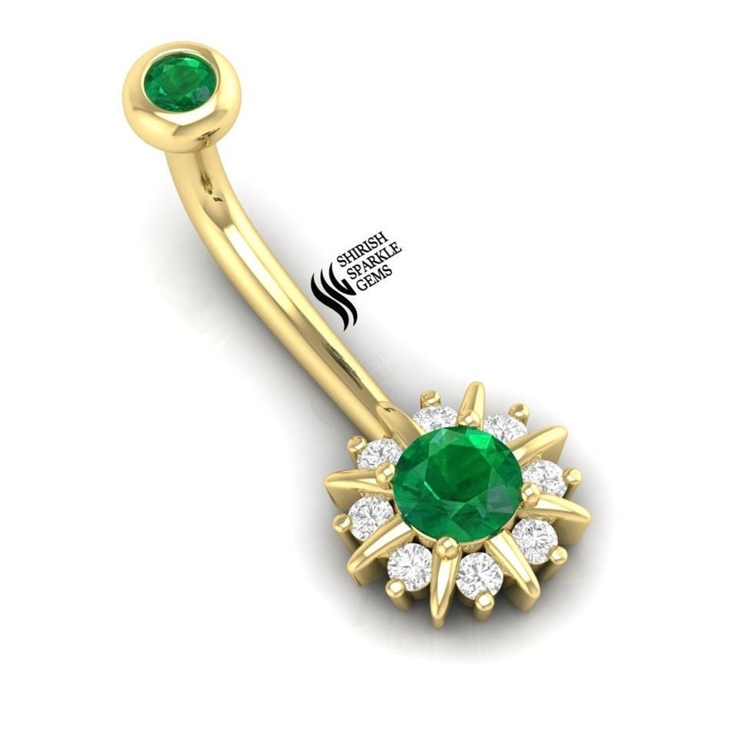 Emerald Diamond Belly Button Ring Navel Ring / Diamond Rook Piercing ...