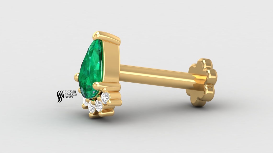 18k Emerald Nose Piercing, Emerald Helix Emerald Nose Stud, Emerald Ear ...