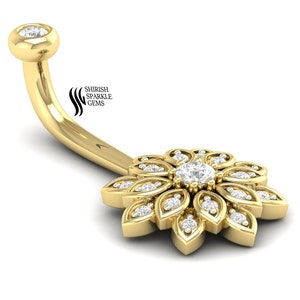 14k Diamond Belly Button Ring Rook Piercing Genuine Diamond Gold Navel ...