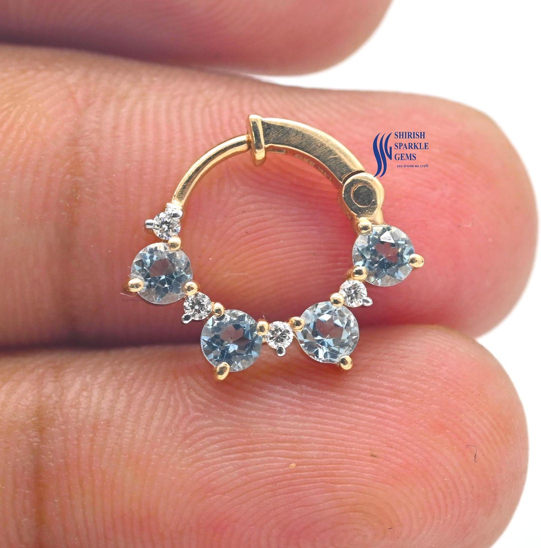 Aquamarine Diamond Nose Ring, Helix Daith Ear Piercing Hoop - Etsy UK