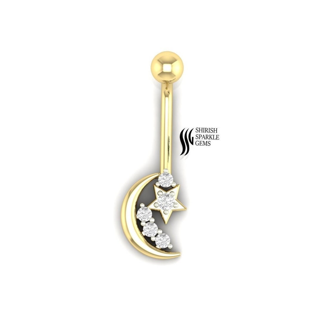 Star & Moon 14K Diamond Belly Button Ring Diamond Navel Piercing ...