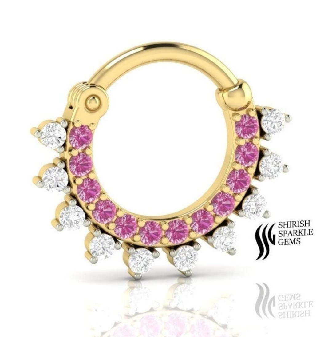 14K Ruby Diamond Flower Septum Clicker/ Hinged Septum Ring/ Pink ...