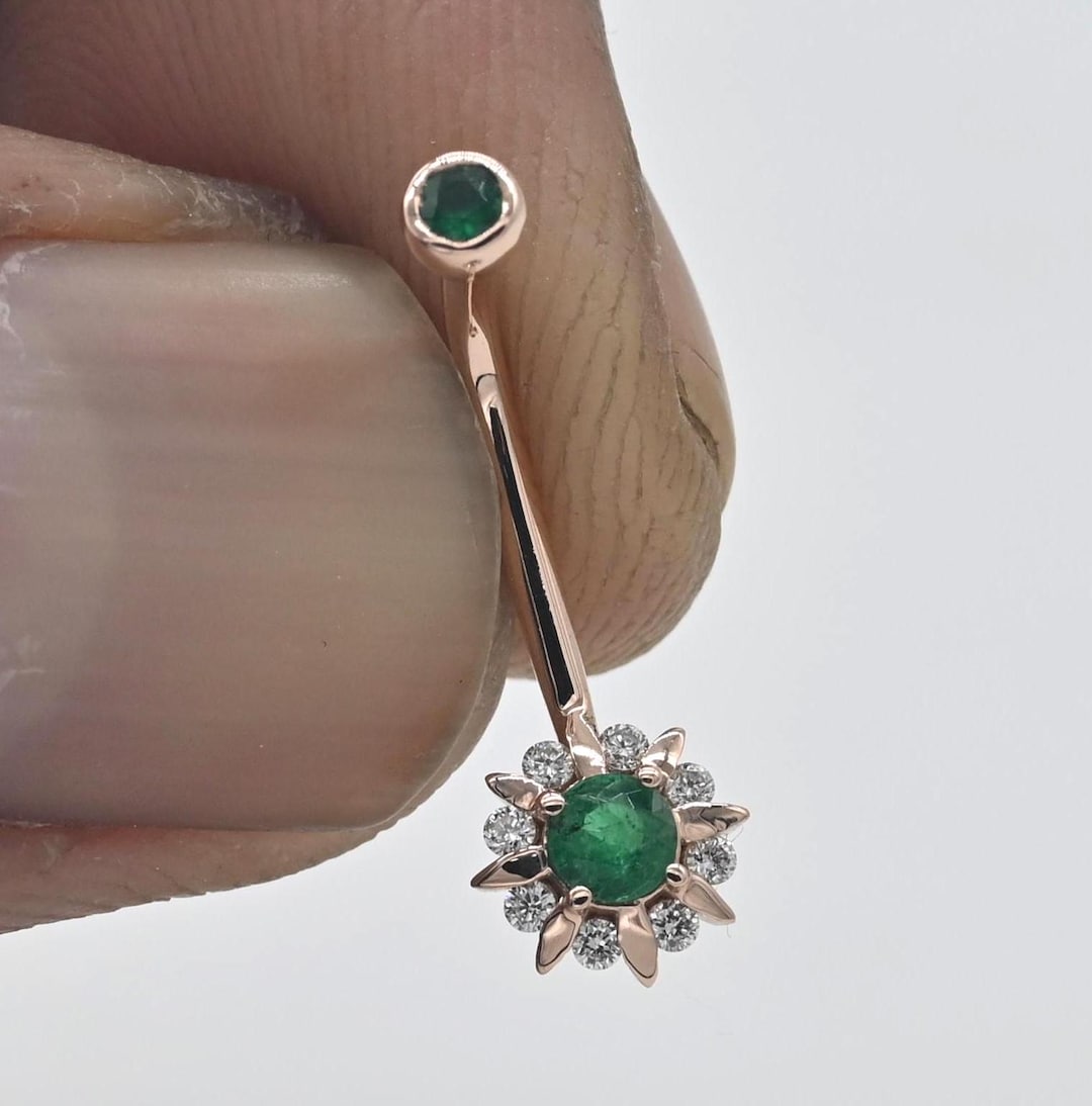 Emerald Diamond Belly Button Ring Gold Navel Piercing Ring Genuine ...