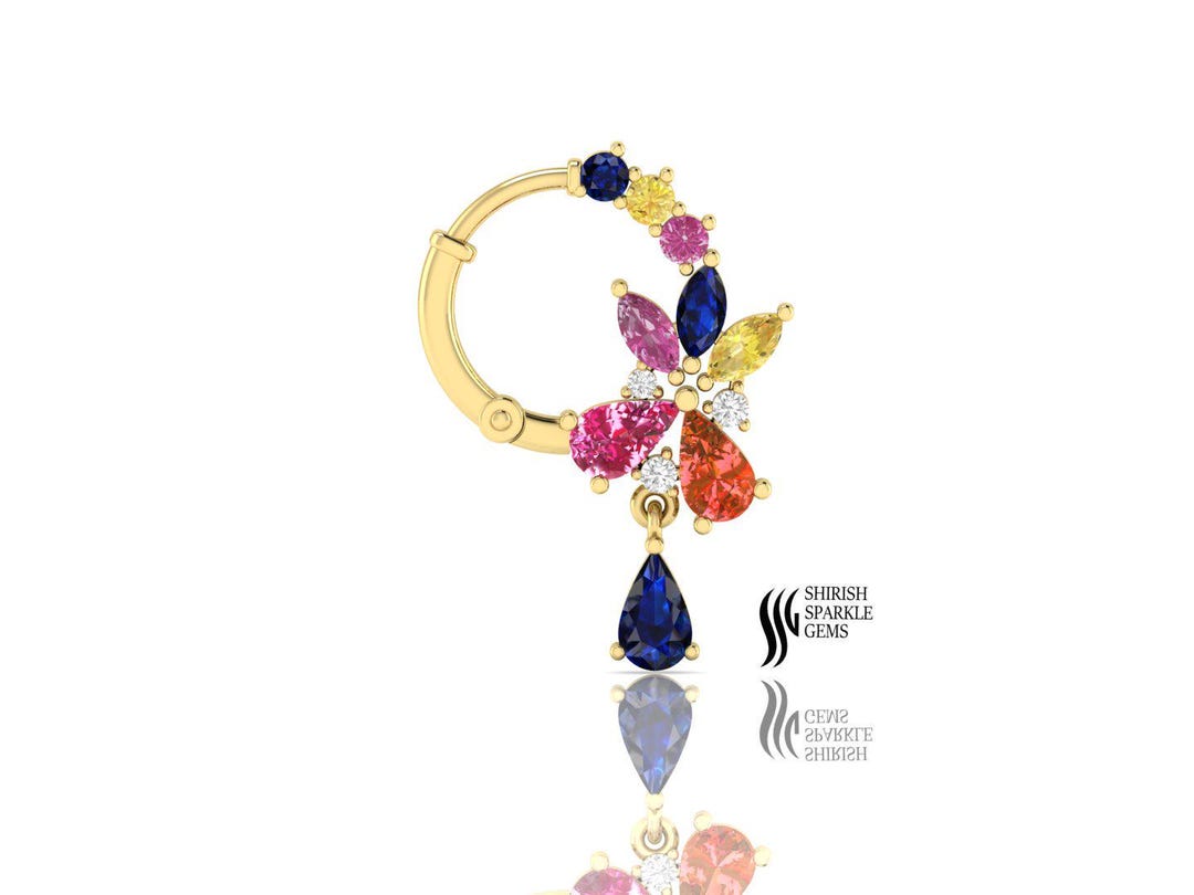 14K Rainbow Sapphire Gold Nose Ring Multi Sapphire Nose Ring Piercing ...