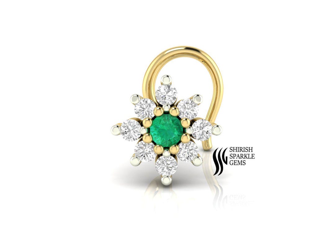 Natural Emerald Gold Nose Pin C- Wire Gemstone Ear Piercing Cartilage ...