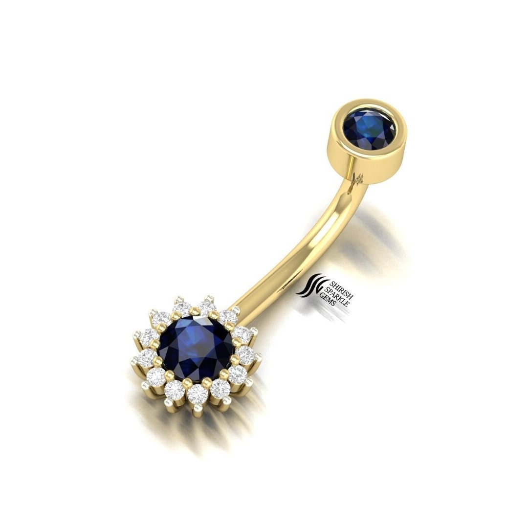 14k Gold Blue Sapphire Belly Button Ring – Unique Navel Piercing & Rook ...