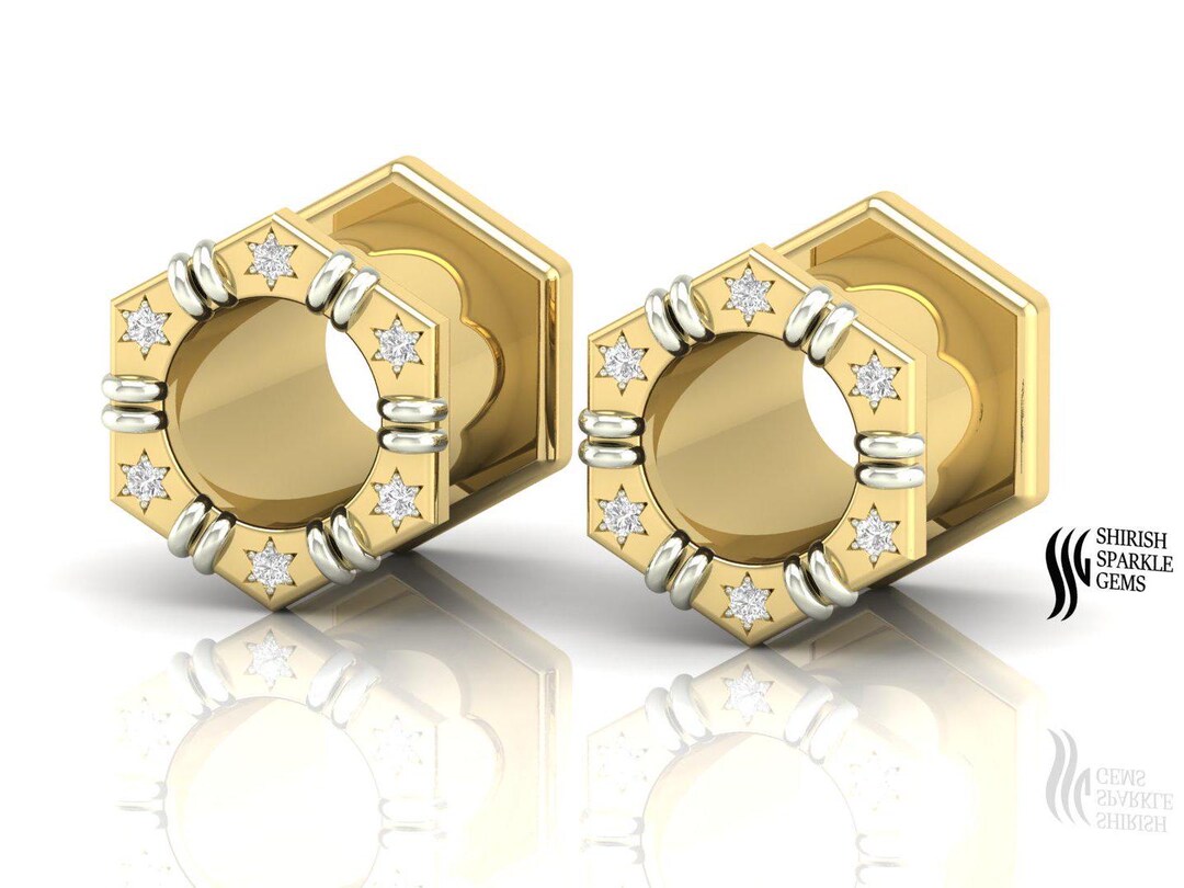 Natural Diamond Ear Tunnels Gold Ear Gauges Diamond Ear Plugs Piercing ...