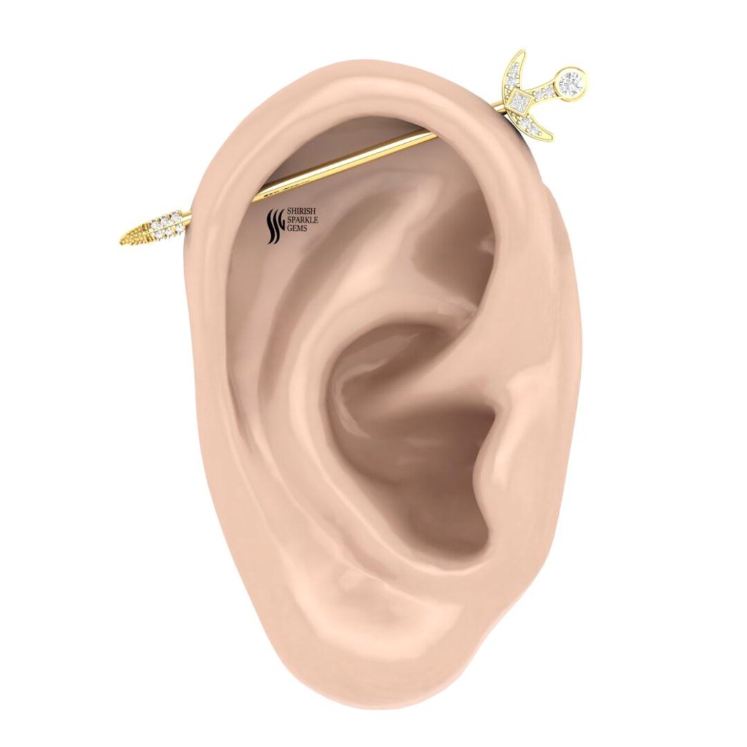 14k Solid Gold Diamond Industrial Piercing Bar, Cartilage Scaffold ...