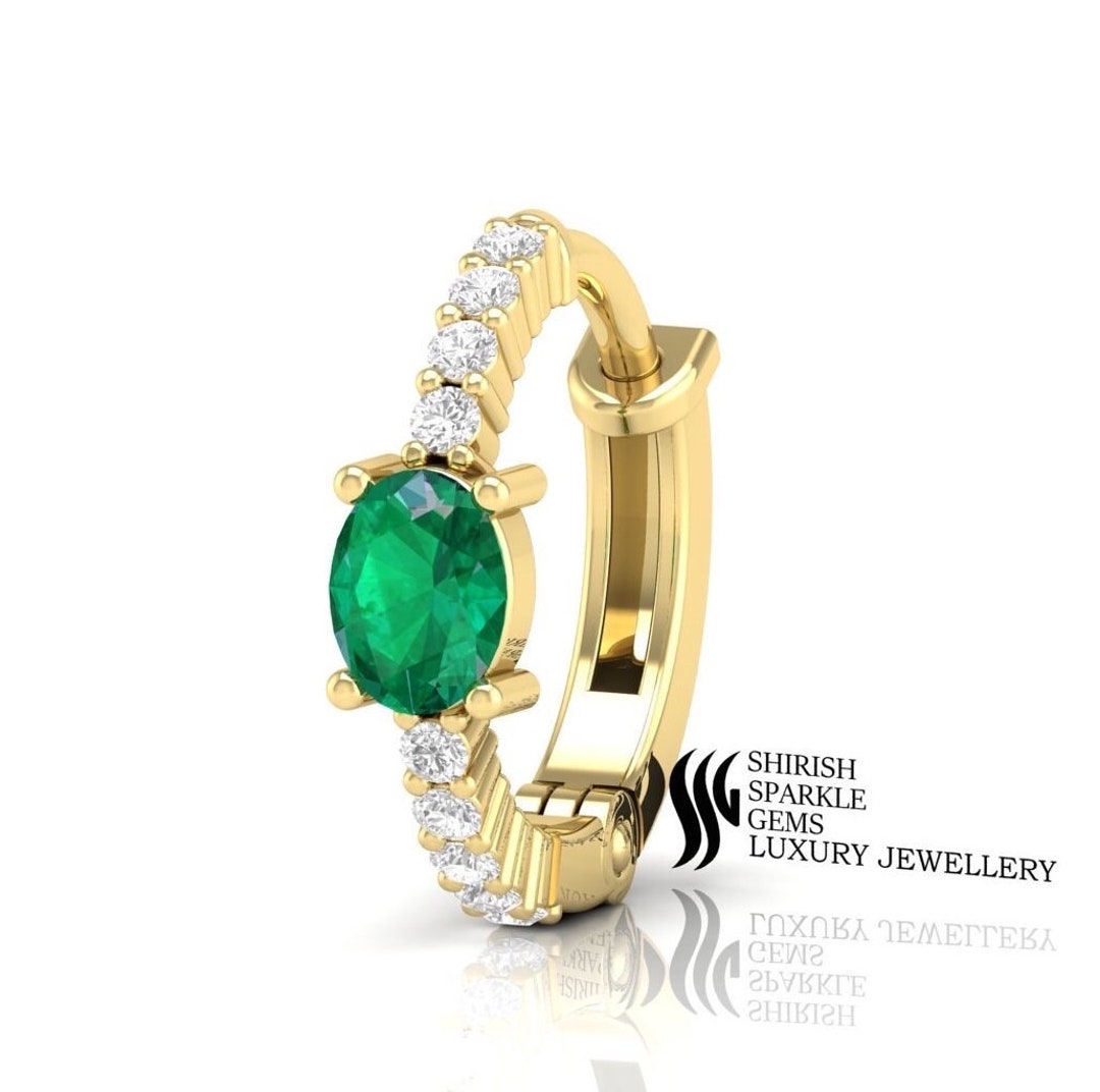 18k Gold Emerald Nose Ring, 18k White Gold Emerald Nose Piercing, Emerald Diamond Helix Daith ...