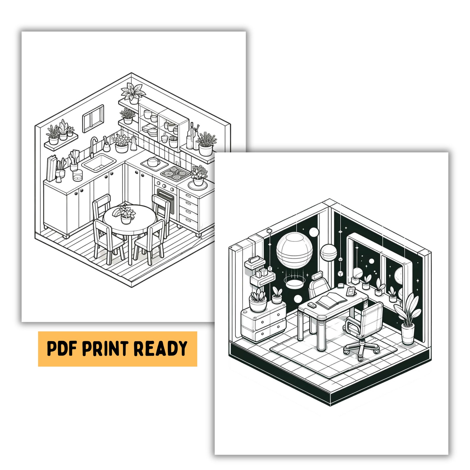 Pocket Rooms Coloring Pages , Isometric Rooms Coloring Printables - Etsy