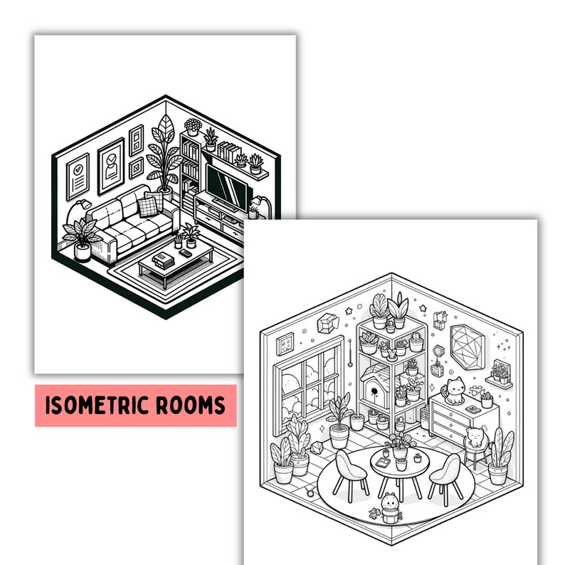 Pocket Rooms Coloring Pages , Isometric Rooms Coloring Printables - Etsy