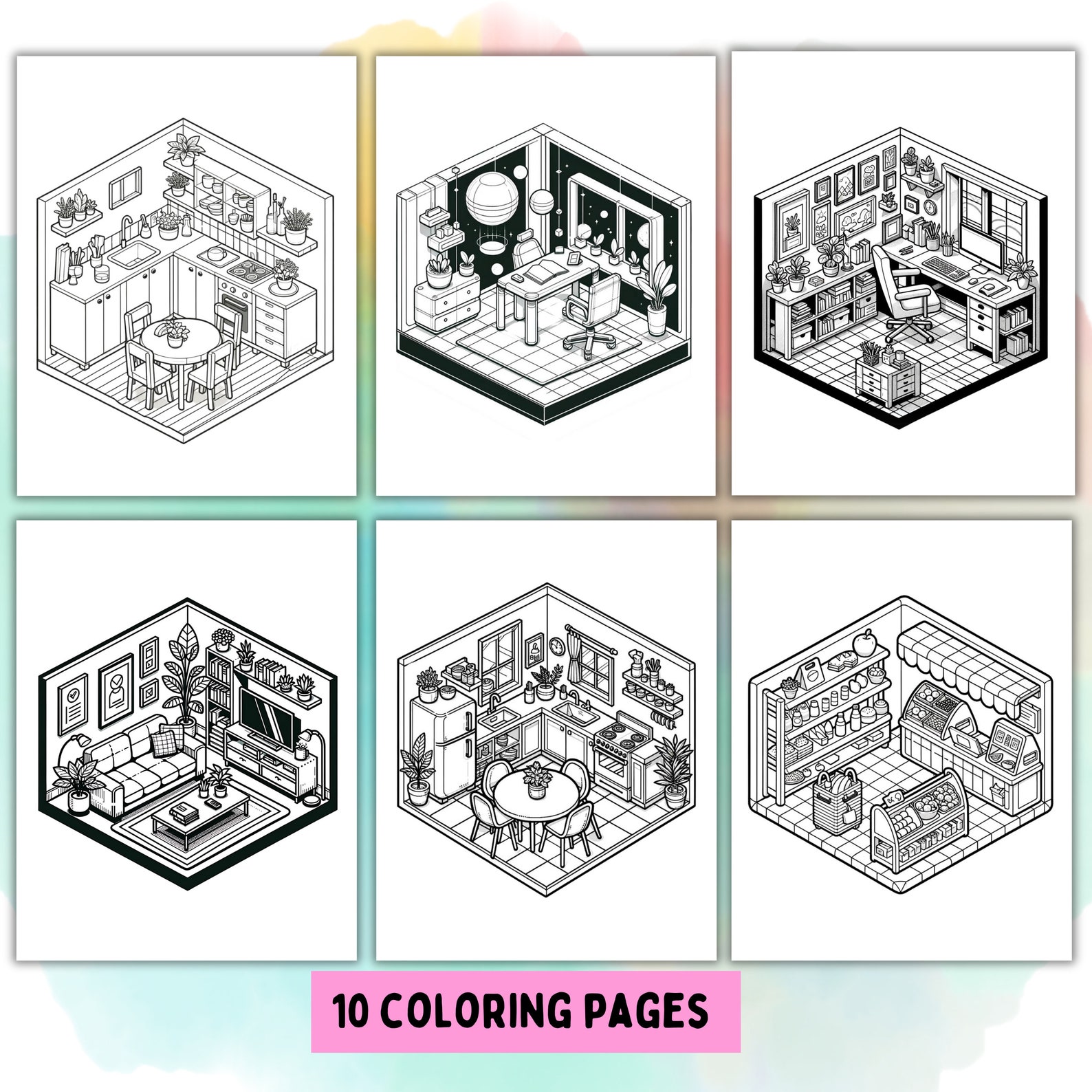 Pocket Rooms Coloring Pages , Isometric Rooms Coloring Printables - Etsy