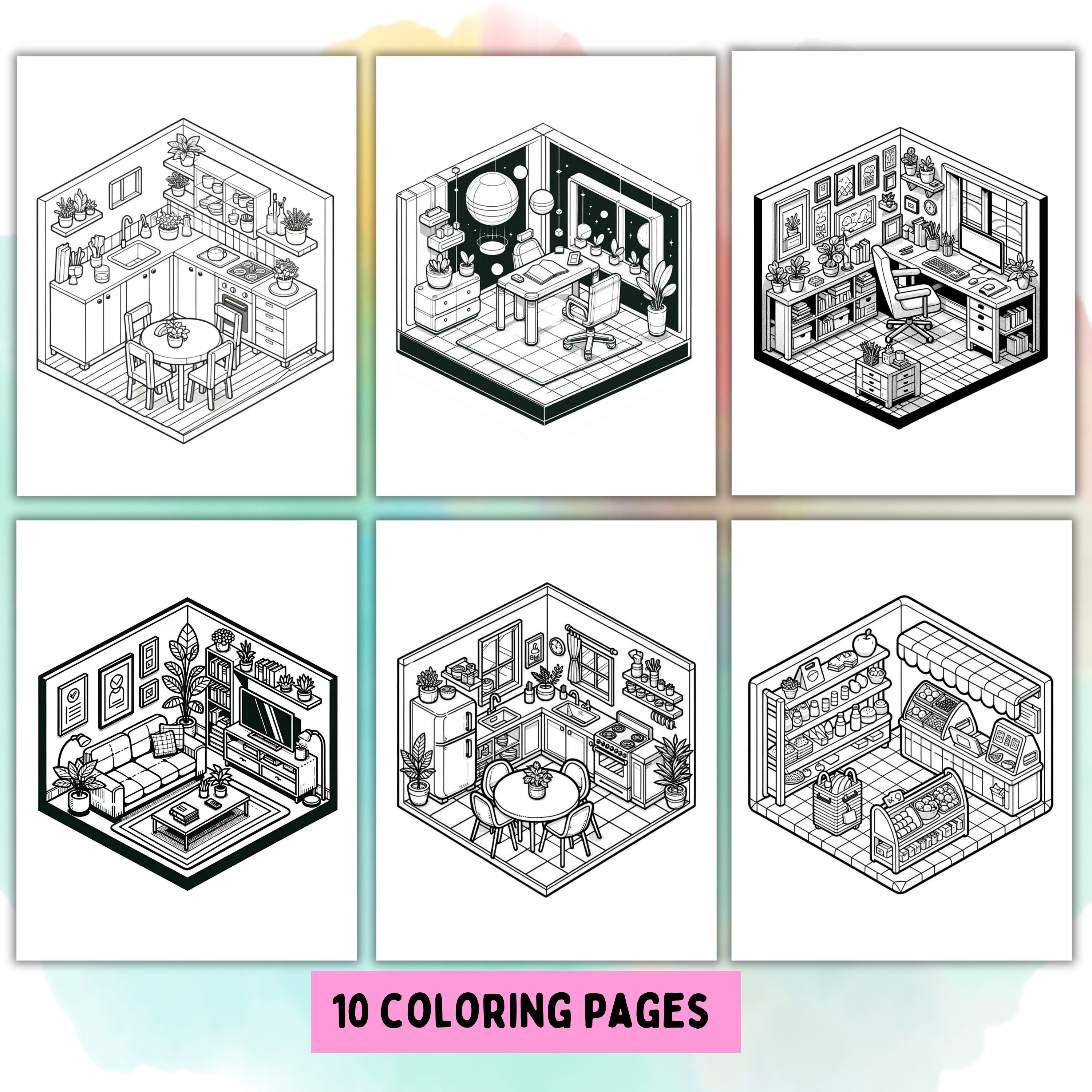 Pocket Rooms Coloring Pages , Isometric Rooms Coloring Printables - Etsy