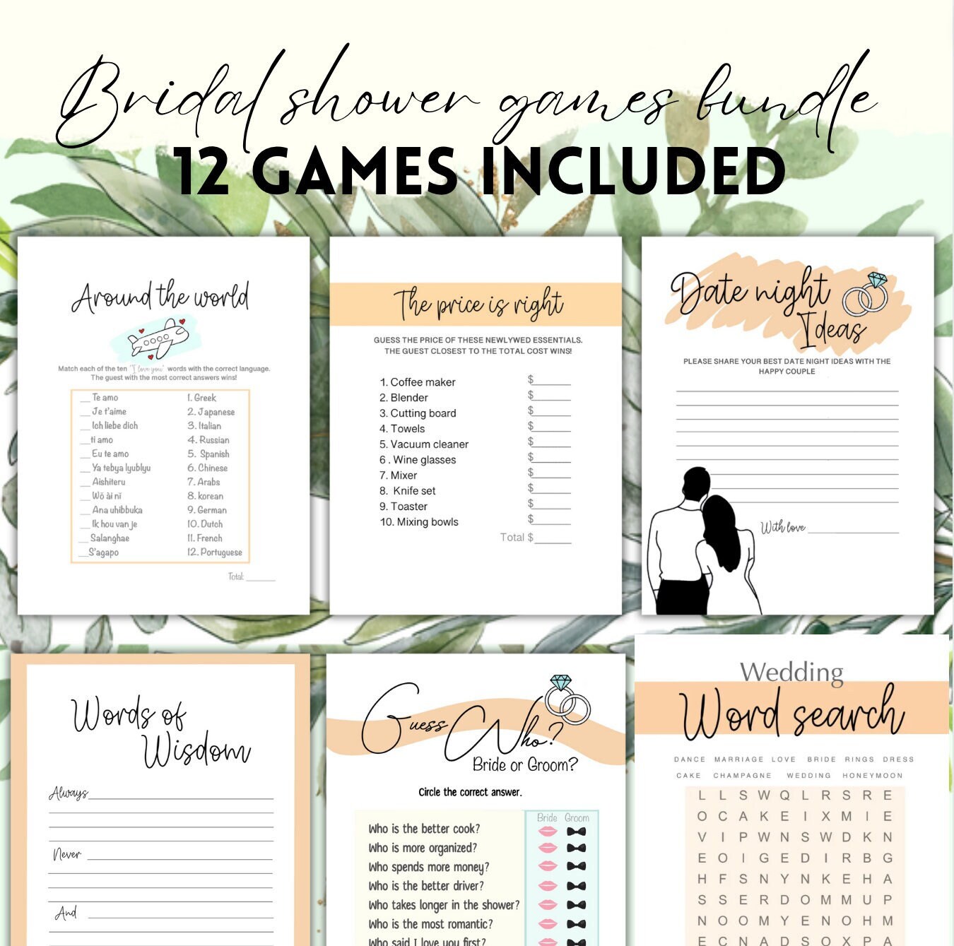 Bridal Shower Games Bundle, 12 Printable Shower Games , Wedding Shower ...