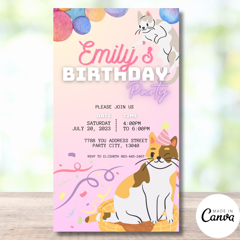 Editable Cat Birthday Party Invitation, Cat Theme Invitation Template ...