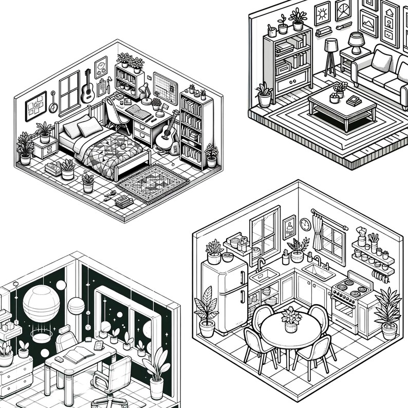 Pocket Rooms Coloring Pages , Isometric Rooms Coloring Printables - Etsy