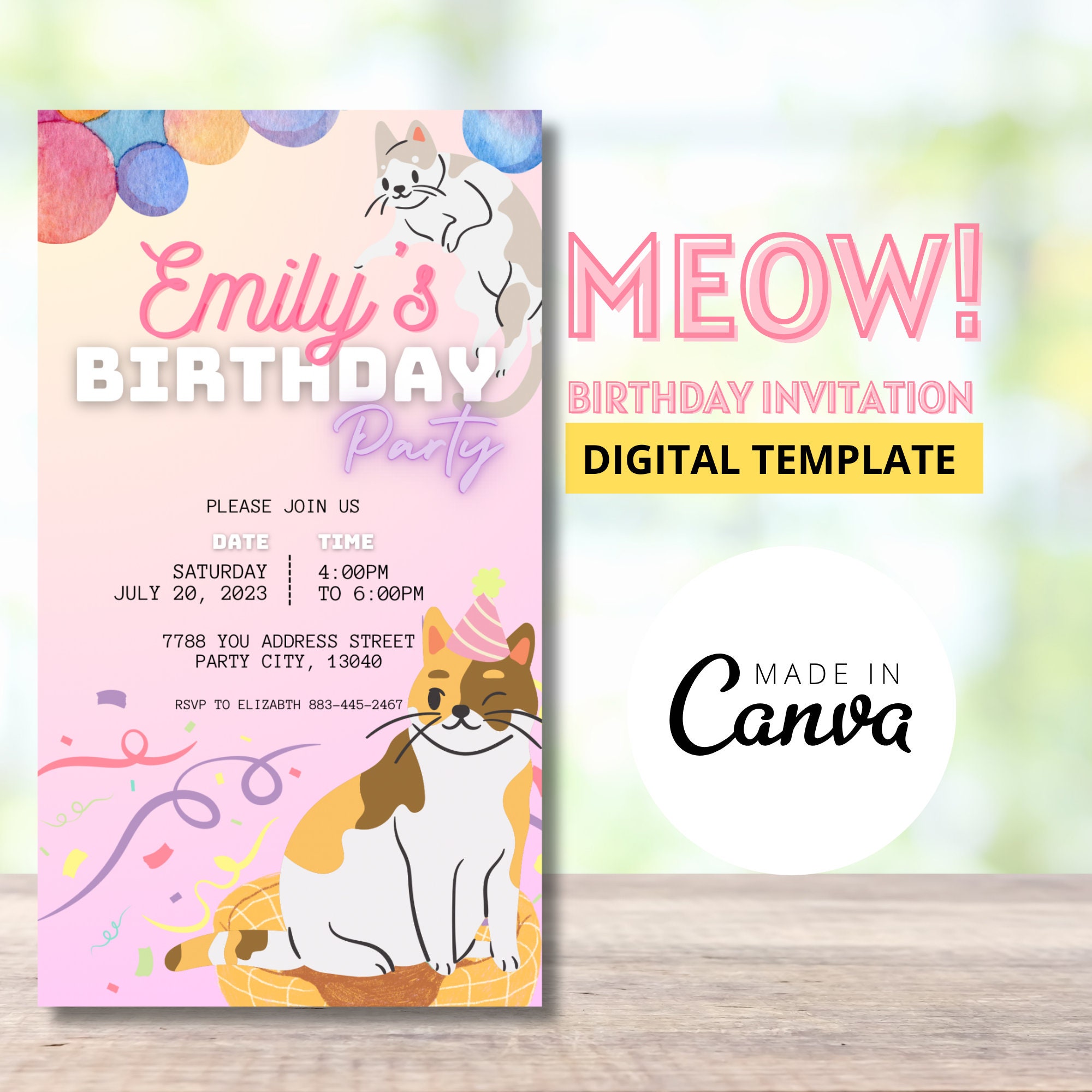 Editable Cat Birthday Party Invitation, Cat Theme Invitation Template ...