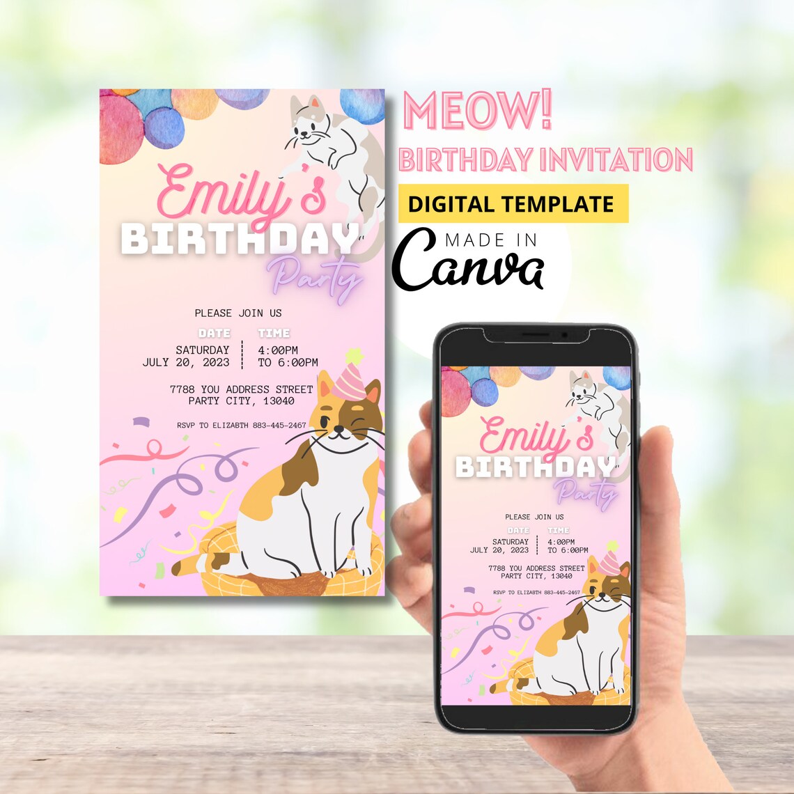 Editable Cat Birthday Party Invitation, Cat Theme Invitation Template ...
