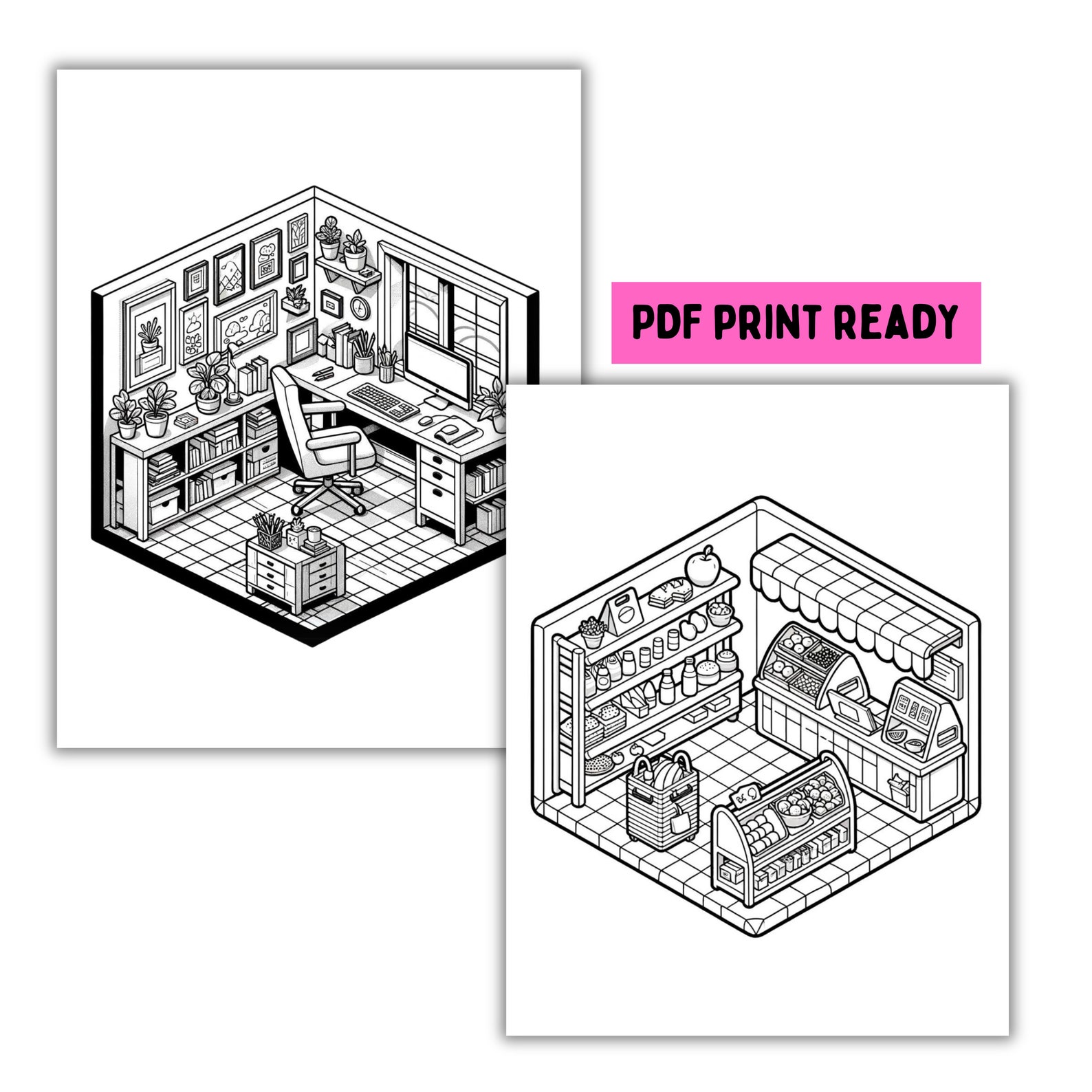 Pocket Rooms Coloring Pages , Isometric Rooms Coloring Printables - Etsy