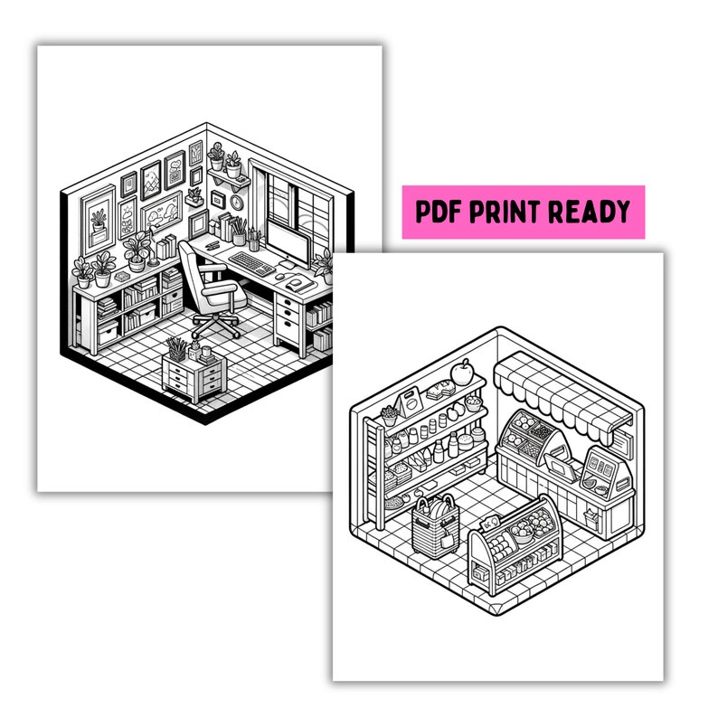 Pocket Rooms Coloring Pages , Isometric Rooms Coloring Printables - Etsy