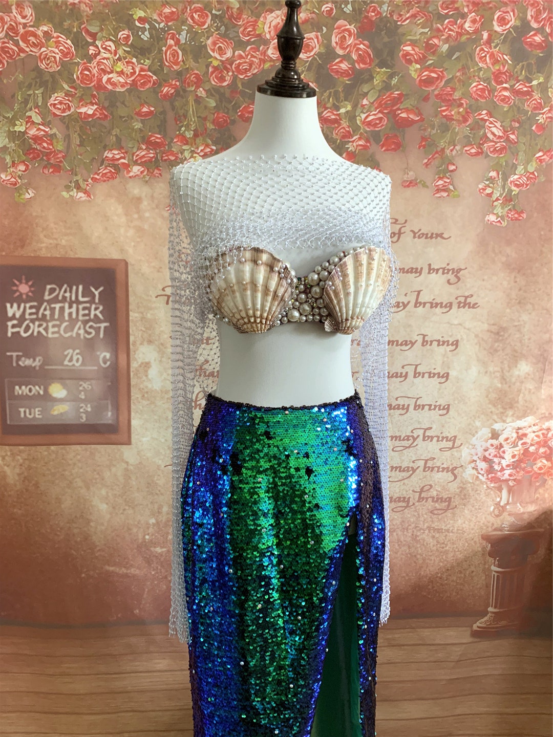Ariel Mermaid Cosplay Costume Shell Bra Top Green Skirt Little Mermaid ...