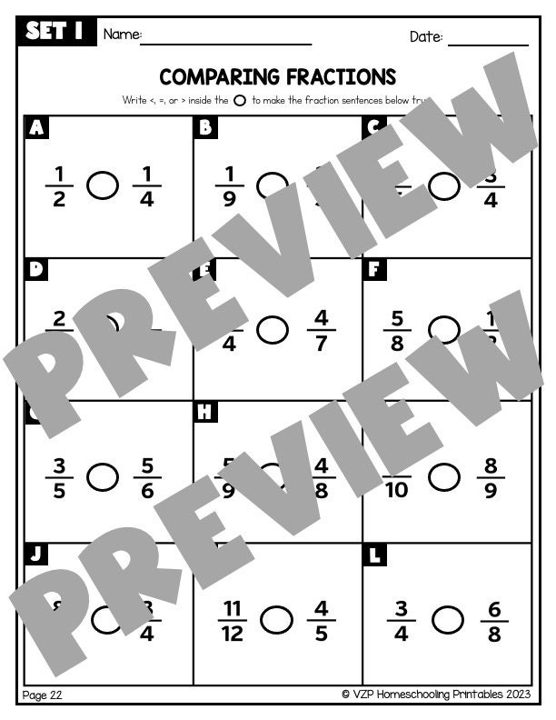 Comparing Fractions Worksheets (4.NF.A.2) - Etsy