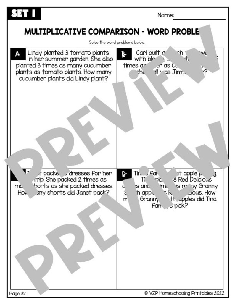Multiplicative Comparison Word Problem - Etsy