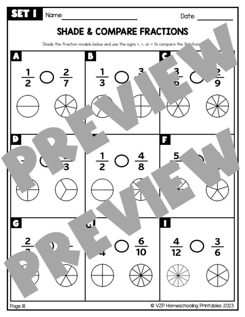 Comparing Fractions Worksheets (4.NF.A.2) - Etsy