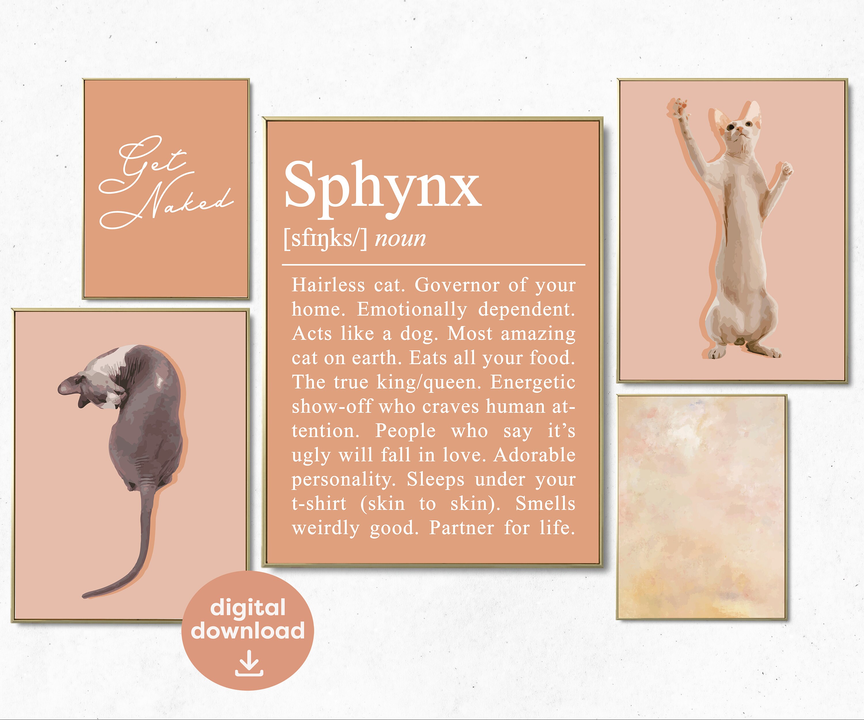 Set of 5 Printable Sphynx Cat Art Print | Sphinx Design Eclectic ...