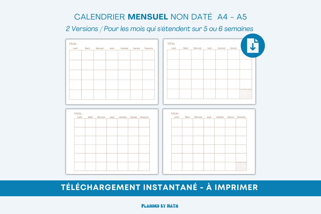 Undated Monthly Planner, Horizontal, With Next Month View Printable PDF ...