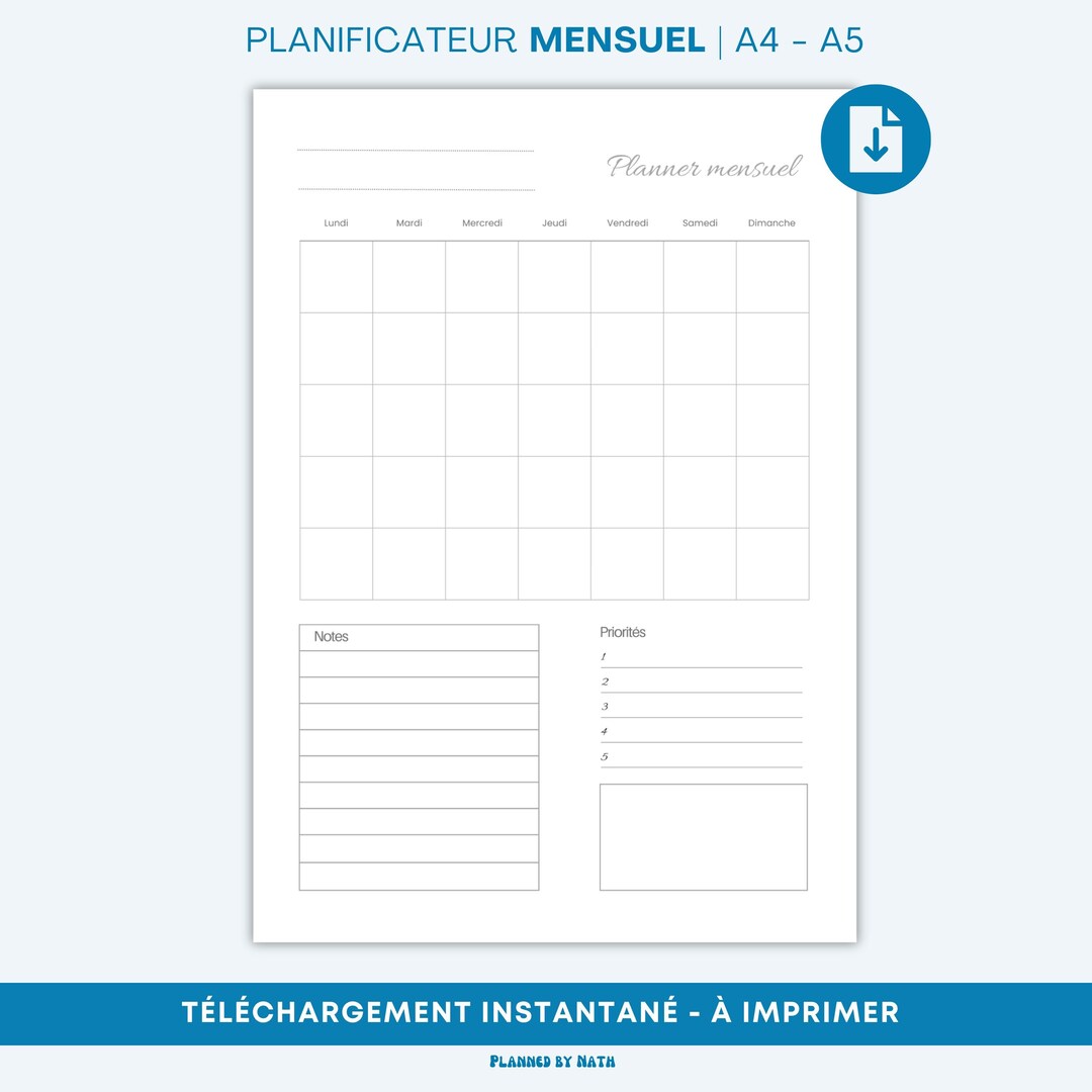 MONTHLY Planner - Printable Vertical PDF - Notes, Priorities and Insert ...
