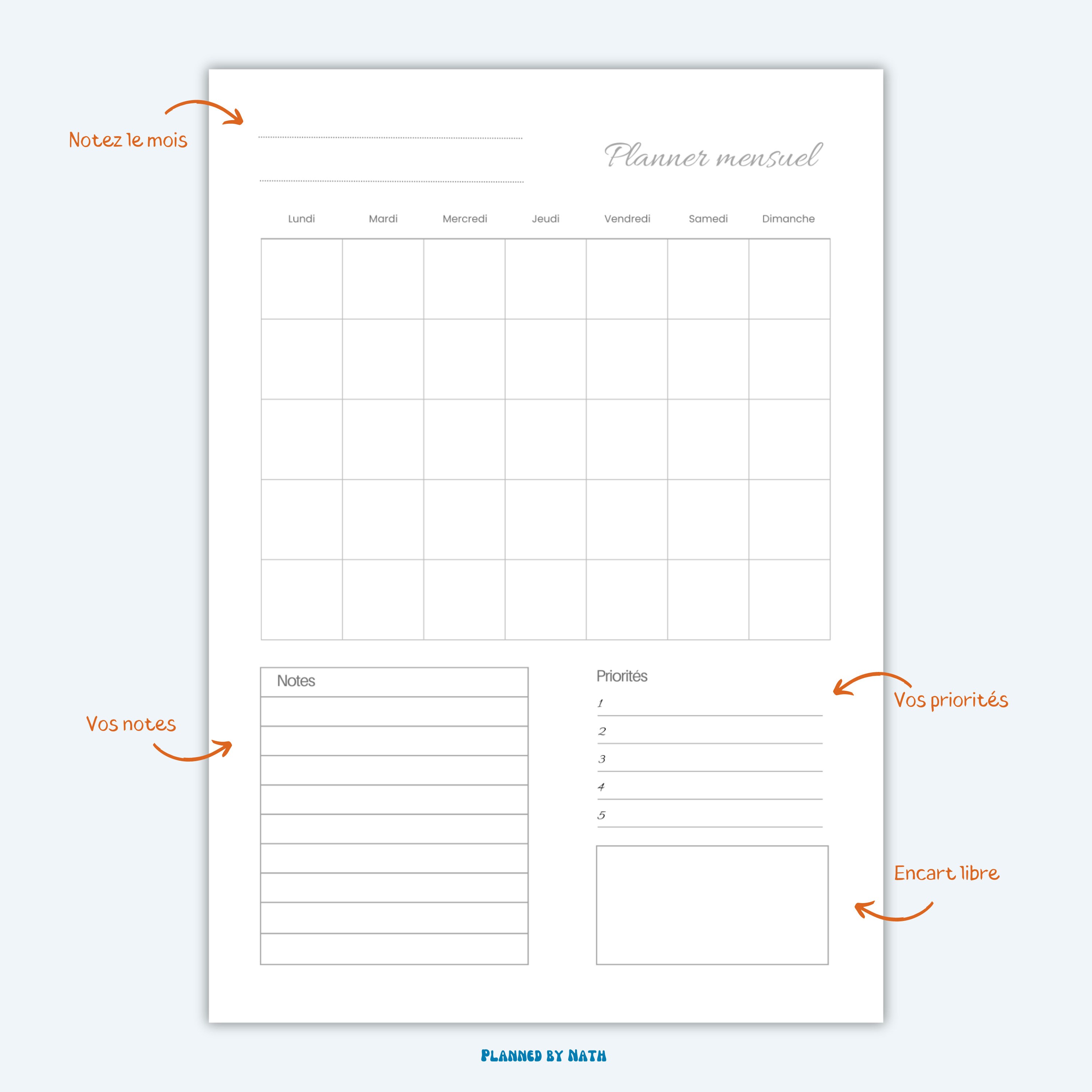 MONTHLY Planner - Printable Vertical PDF - Notes, Priorities and Insert ...