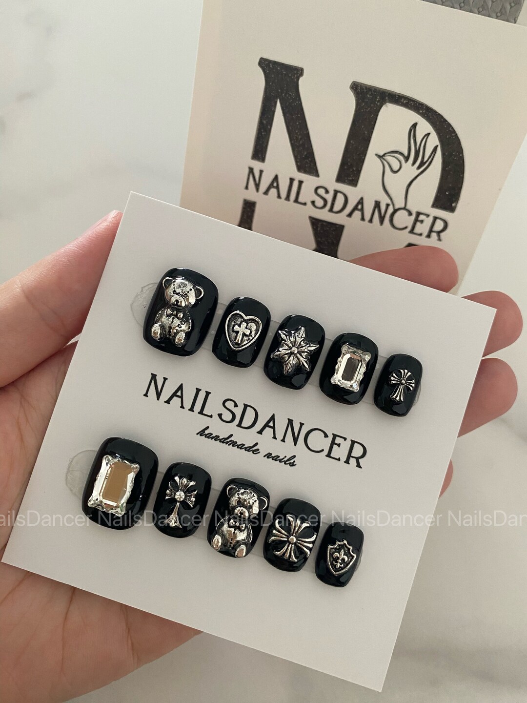 Gothic Emo Press on Nails Cross Fake Nails Black Stick on Nails Punk ...