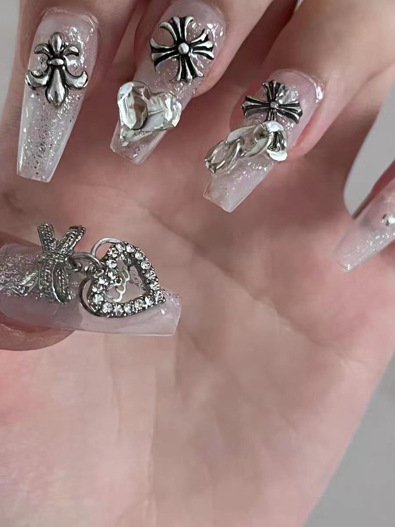 Punk Press on Nails Cross Fake Nails Gothic Emo Stick on Nails - Etsy