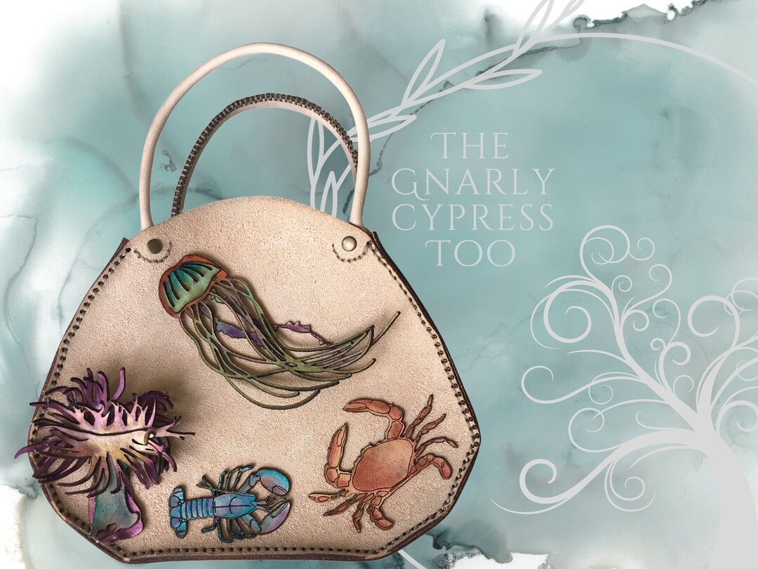 Suede Leather Hand Painted Handbag Ocean Themed With Jellies, Anemones ...