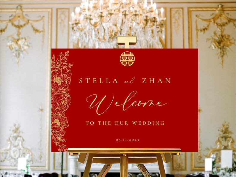 Asian Wedding Welcome Sign Template Red Floral Welcome Board - Etsy