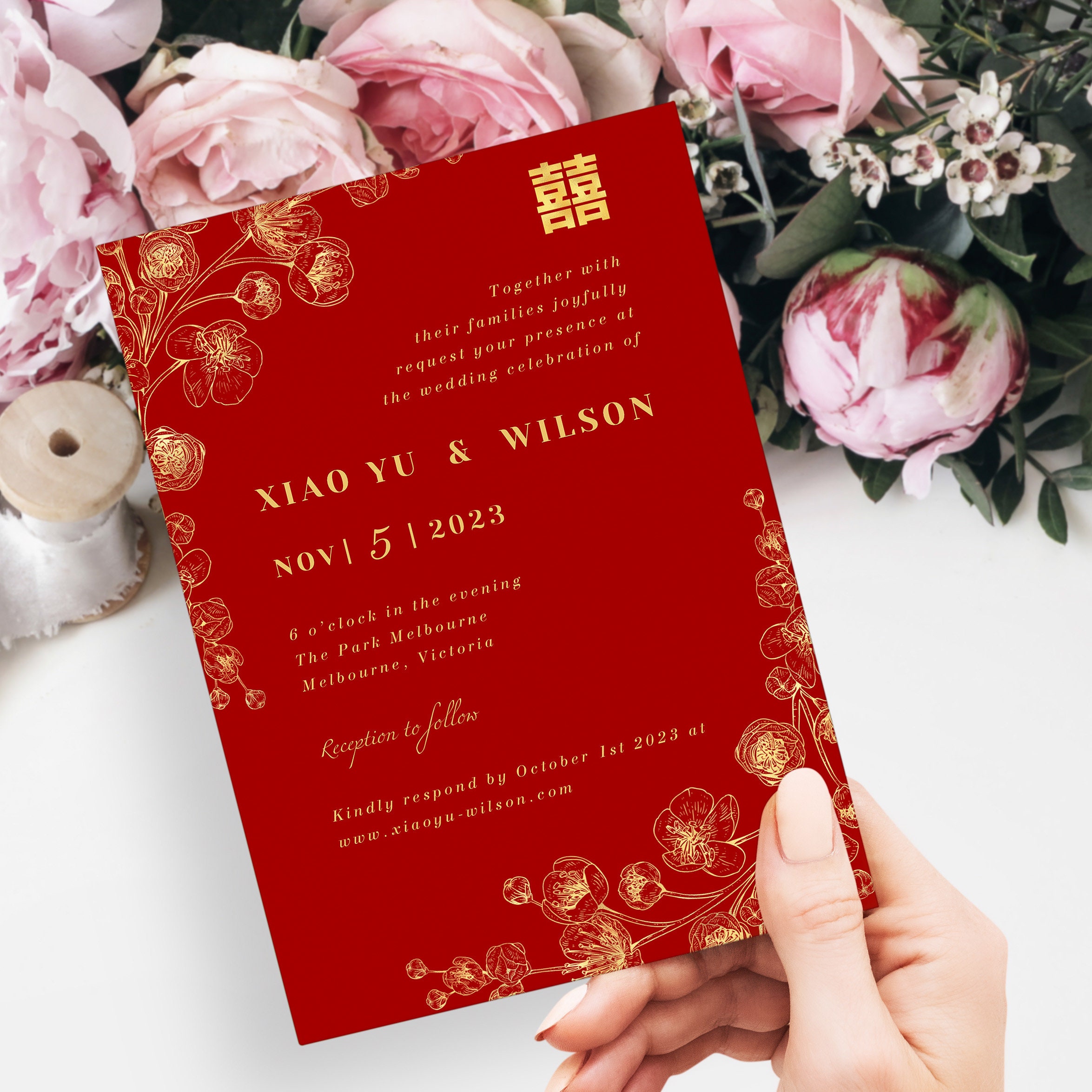 Chinese Wedding Invitation Template, Cherry Blossom, Red and Gold ...
