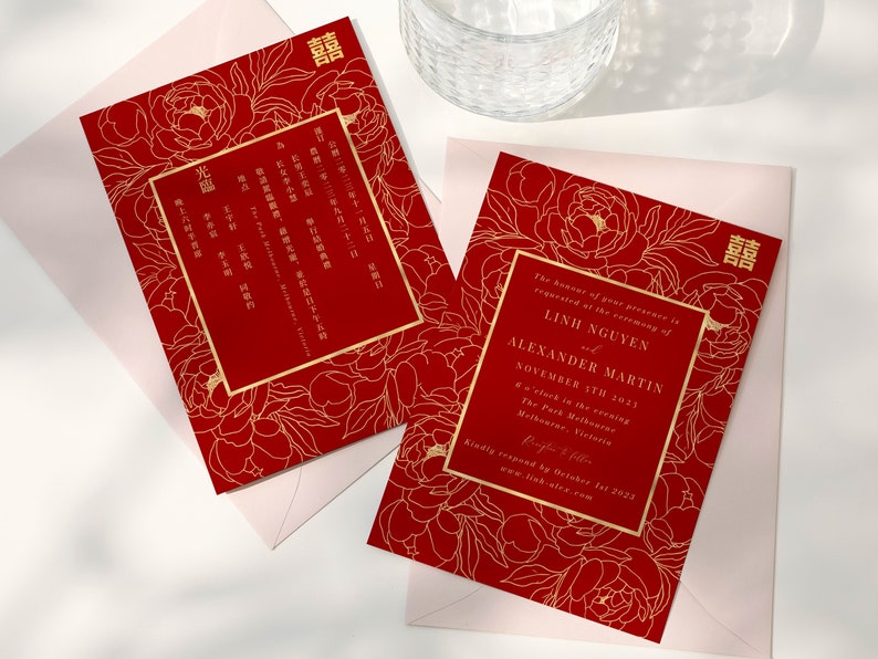 Chinese Wedding Invitation Card Template Floral Asian - Etsy