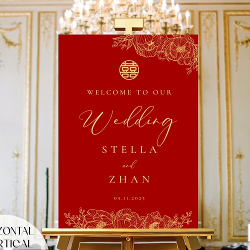 Asian Wedding Welcome Sign Template Red Floral Welcome Board - Etsy