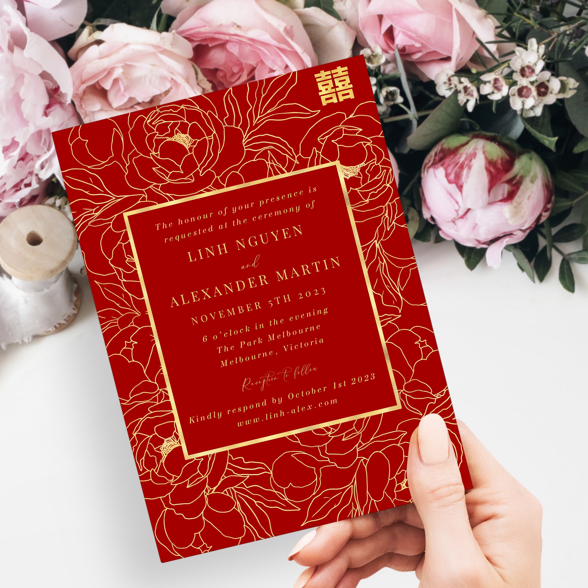 Chinese Wedding Invitation Card Template Floral Asian - Etsy