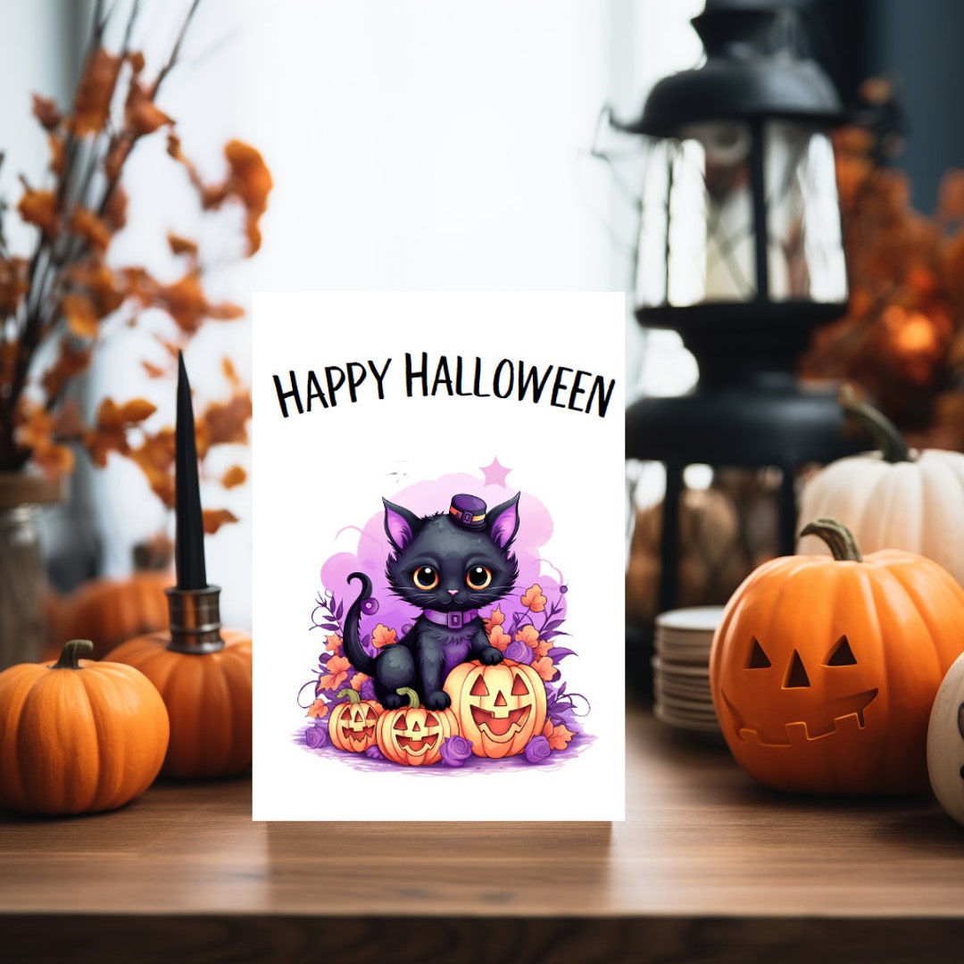 Printable Halloween Card Cat Halloween Card Kitty Halloween - Etsy