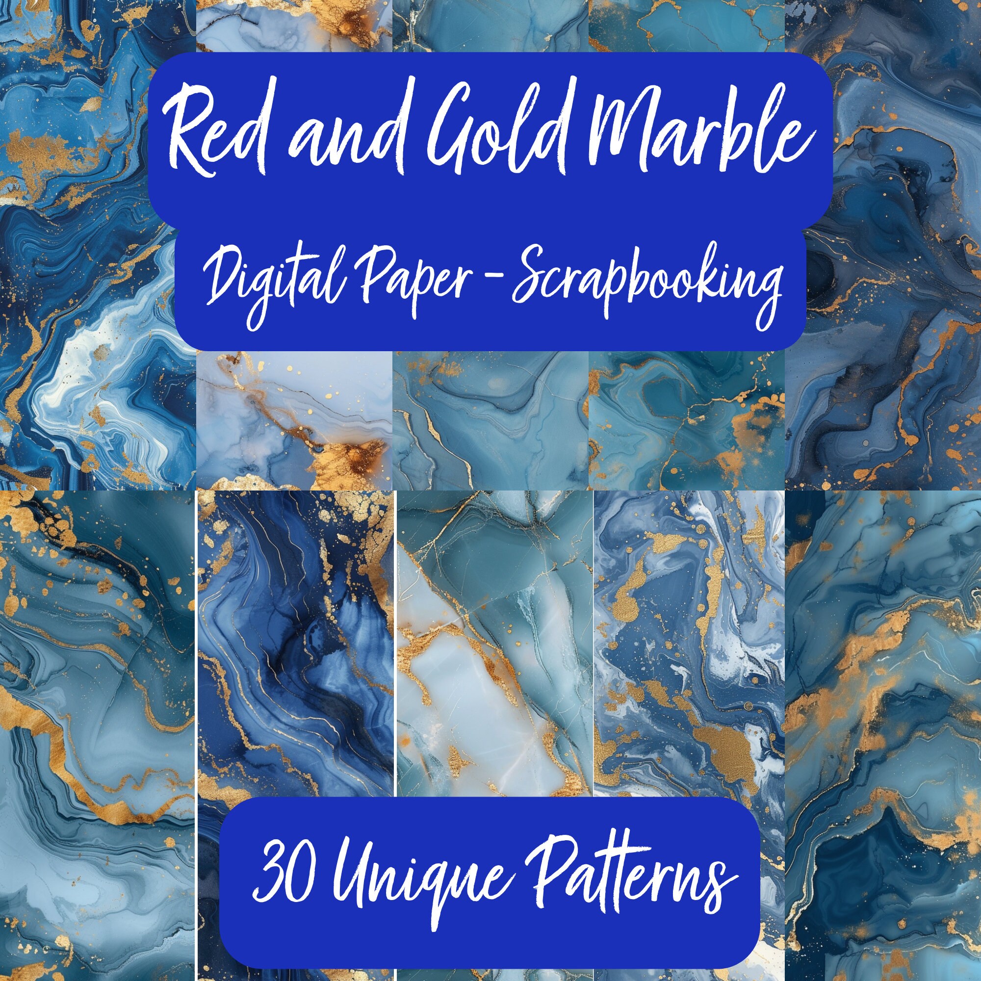 Marble Digital Paper, Blue Marble Digital Paper, Blue and Gold Digital ...